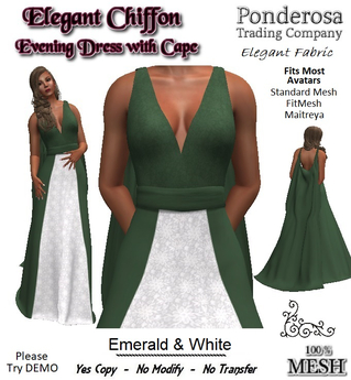 Second Life Marketplace - Elegant Chiffon Evening Dress with Cape - Emerald & White